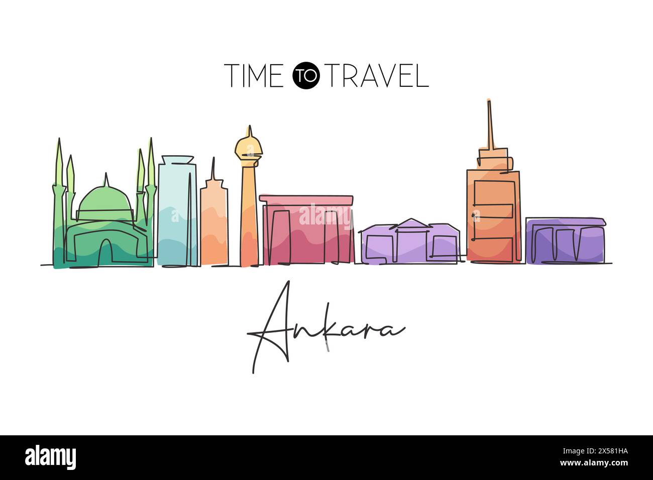 One single line drawing of Ankara city skyline, Turkey. Historical town ...