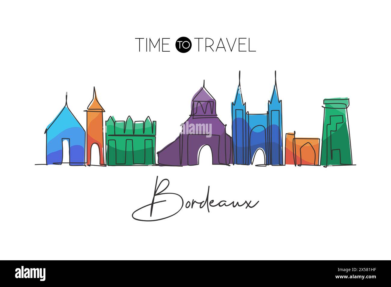 Single continuous line drawing Bordeaux city skyline, France. Famous ...