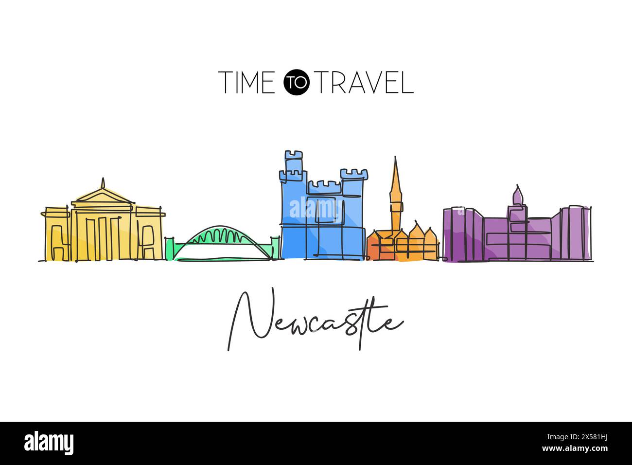 Single continuous line drawing of Newcastle city skyline. Famous city ...