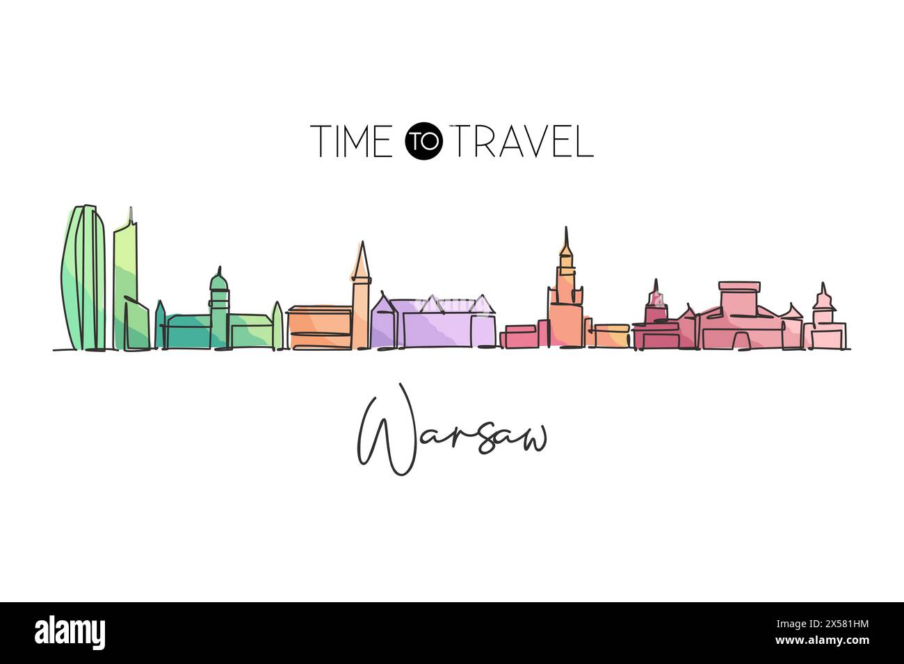 Single continuous line drawing Warsaw city skyline, Poland. Famous ...