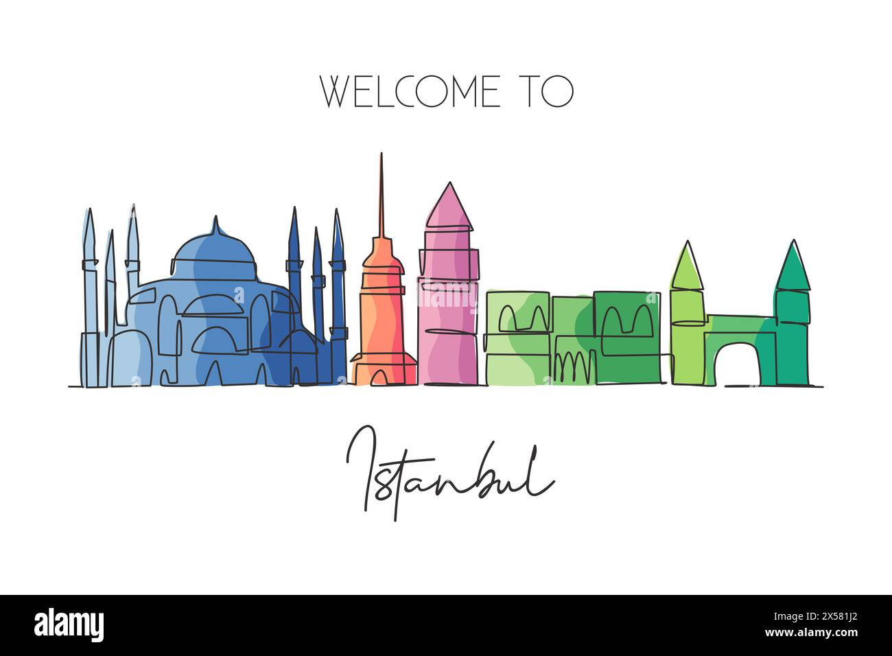 Single continuous line drawing of Istanbul city skyline, Turkey. Famous ...
