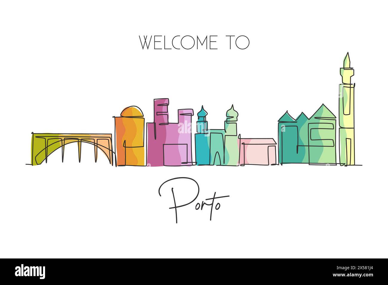 Single continuous line drawing of Porto city skyline, Portugal. Famous ...