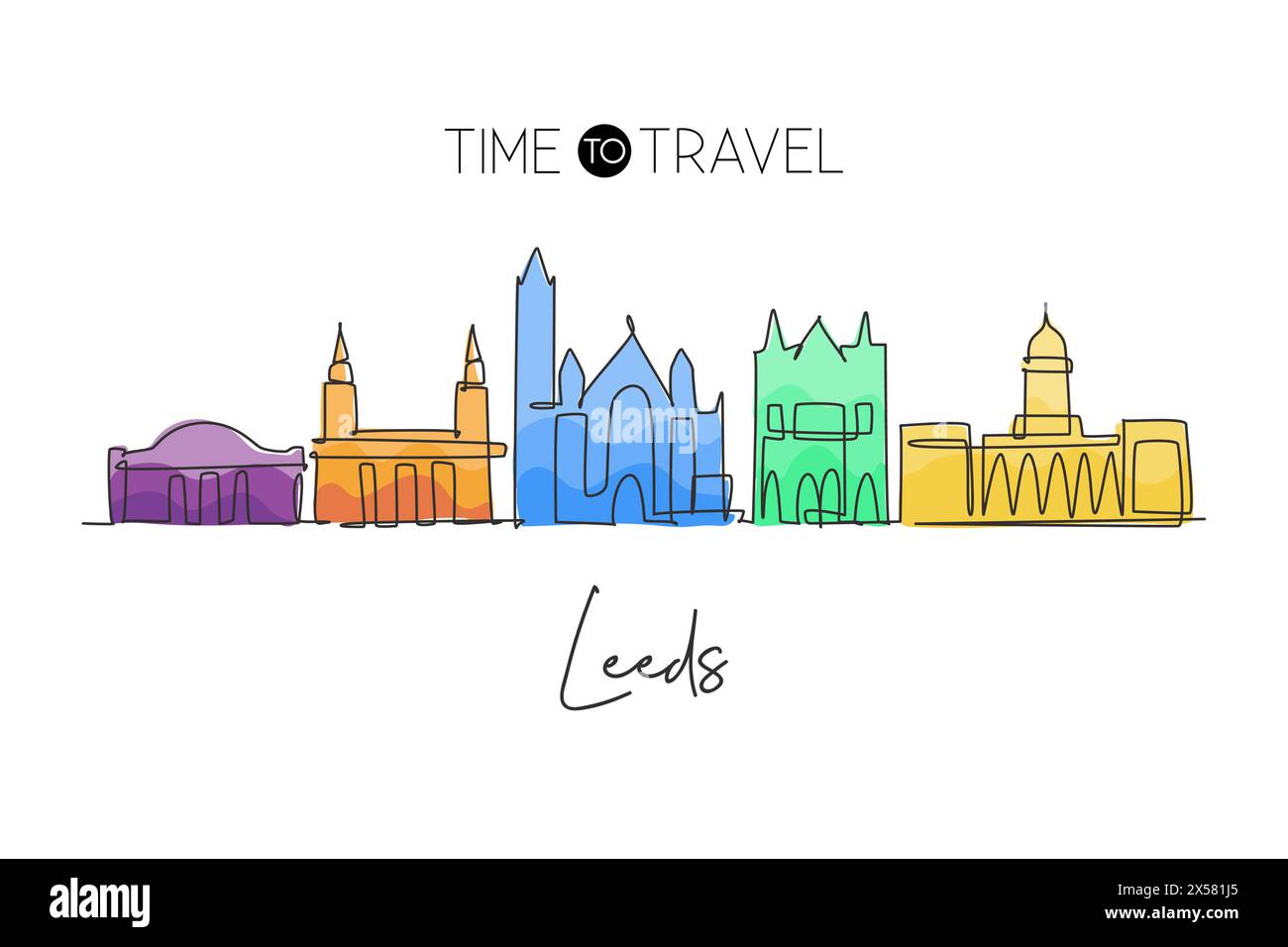 One single line drawing Leeds city skyline. Historical city skyscraper ...