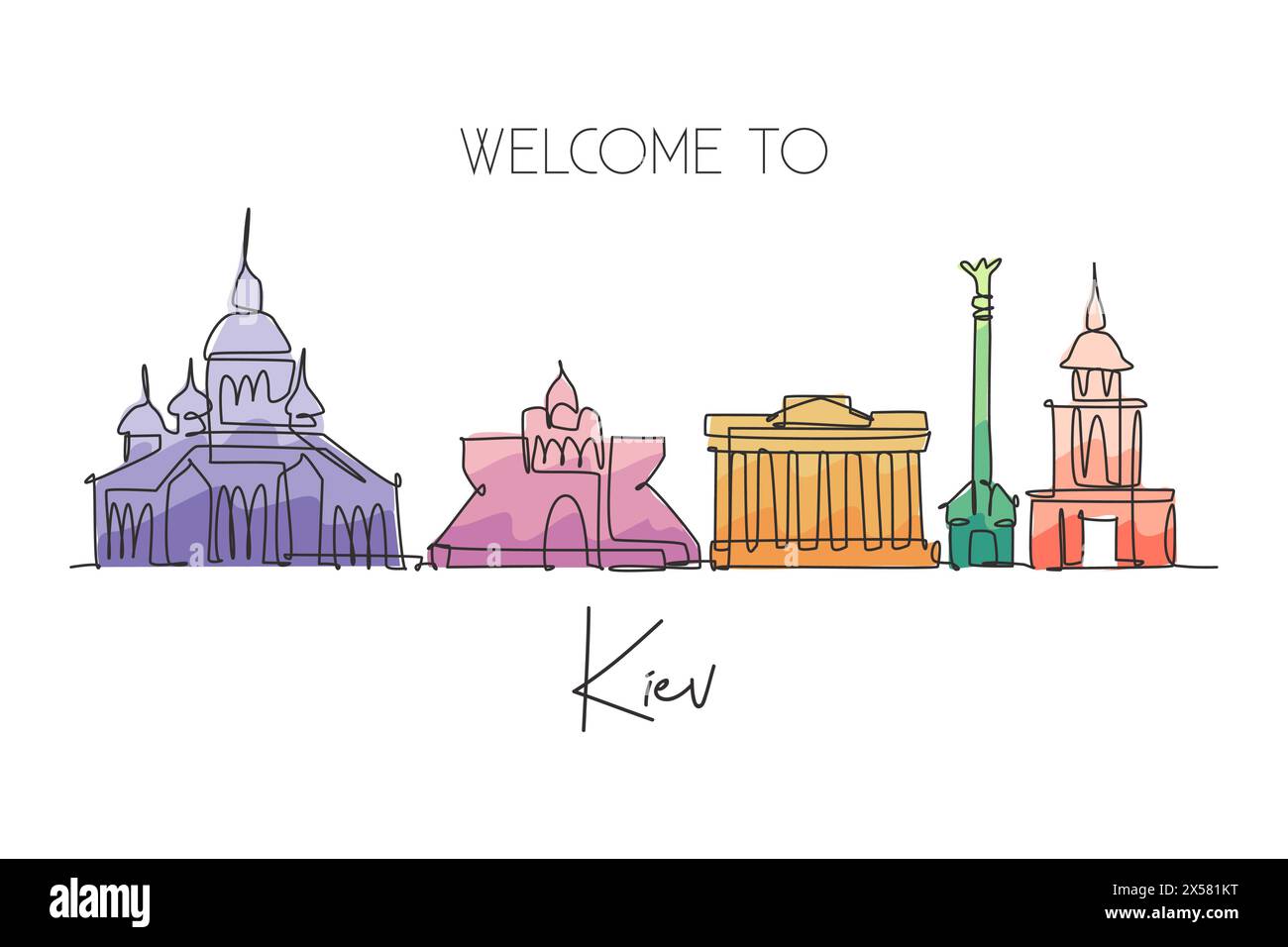 One continuous line drawing of Kiev city skyline, Ukraine. Beautiful ...