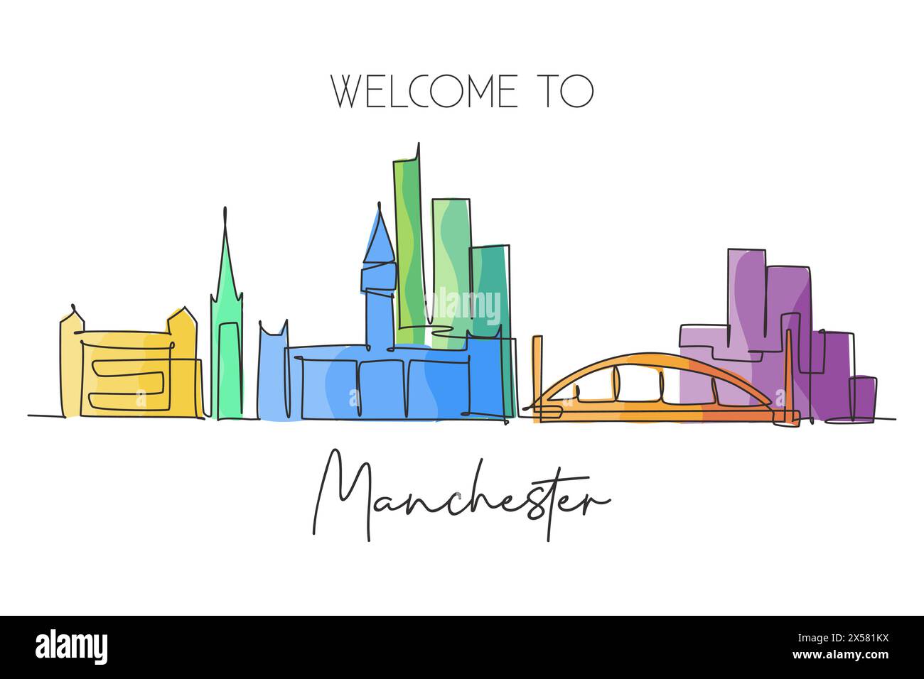 Single continuous line drawing of Manchester city skyline. Famous city ...