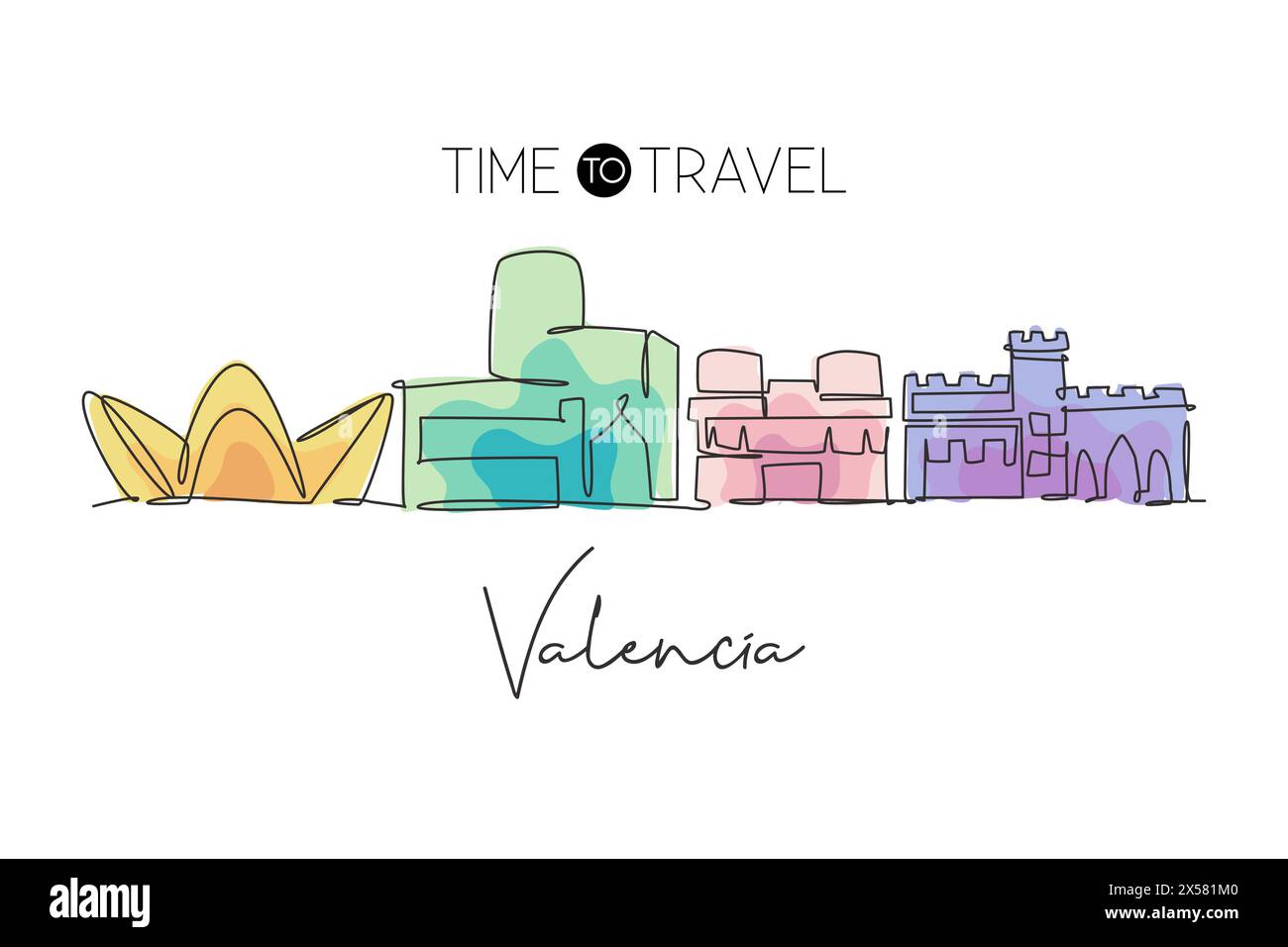 One continuous line drawing of Valencia city skyline Spain. Beautiful ...