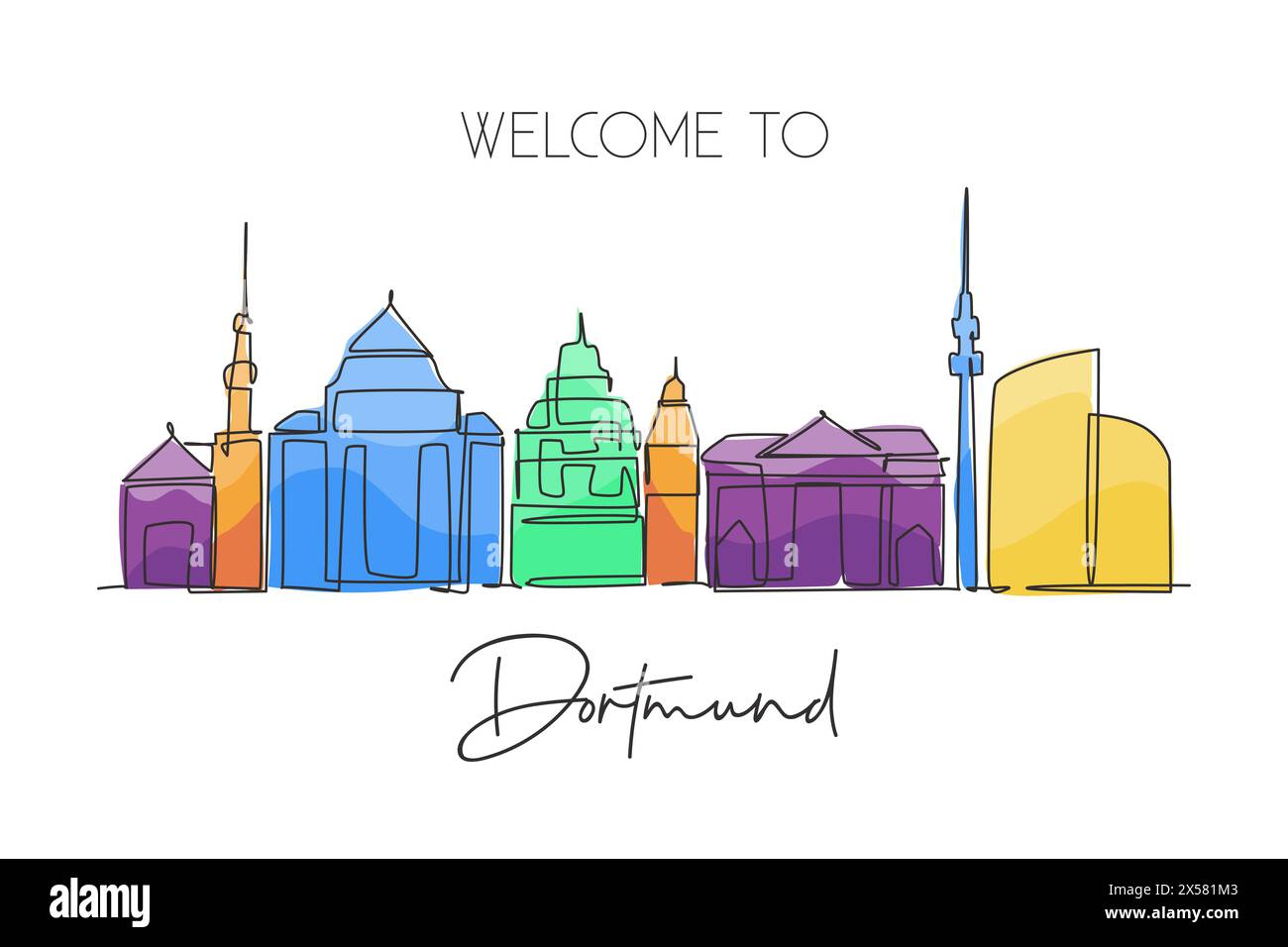 One continuous line drawing Dortmund skyline, Germany. Beautiful city ...