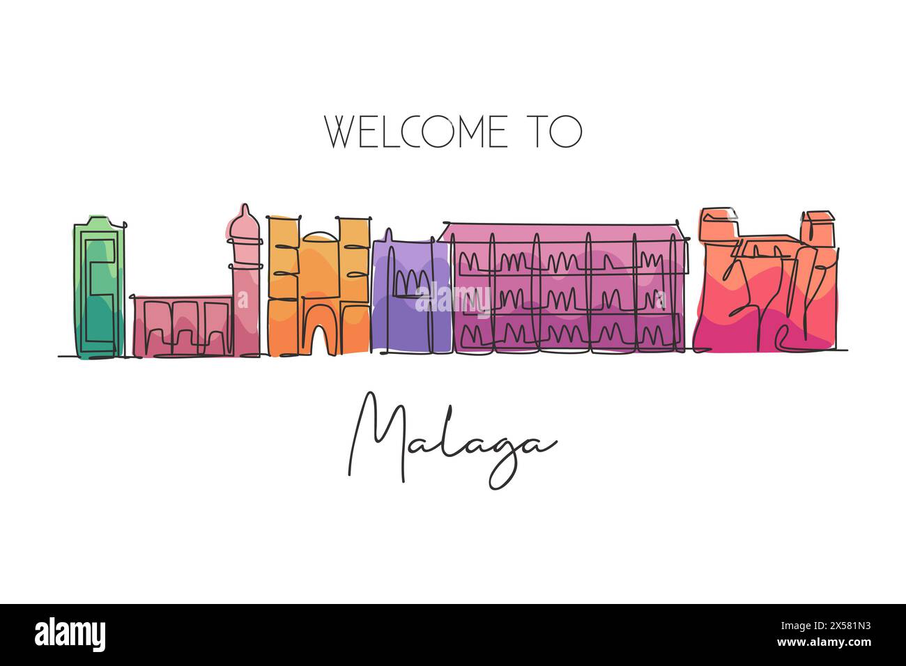 One continuous line drawing Malaga city skyline, Spain. Beautiful ...