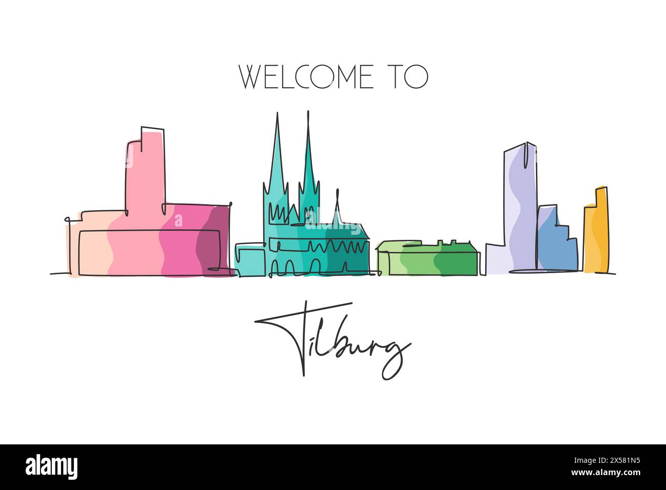 One single line drawing Tilburg city skyline Netherlands. Historical ...