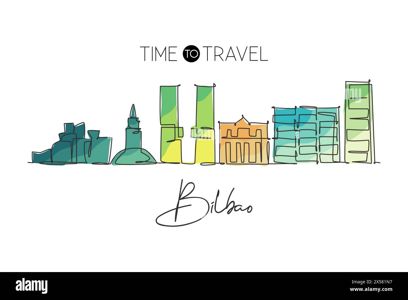 One continuous line drawing of Bilbao city skyline, Spain. Beautiful ...