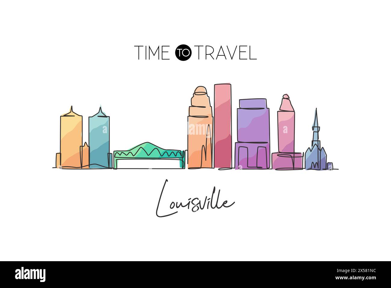 One continuous line drawing Louisville city skyline, Kentucky ...