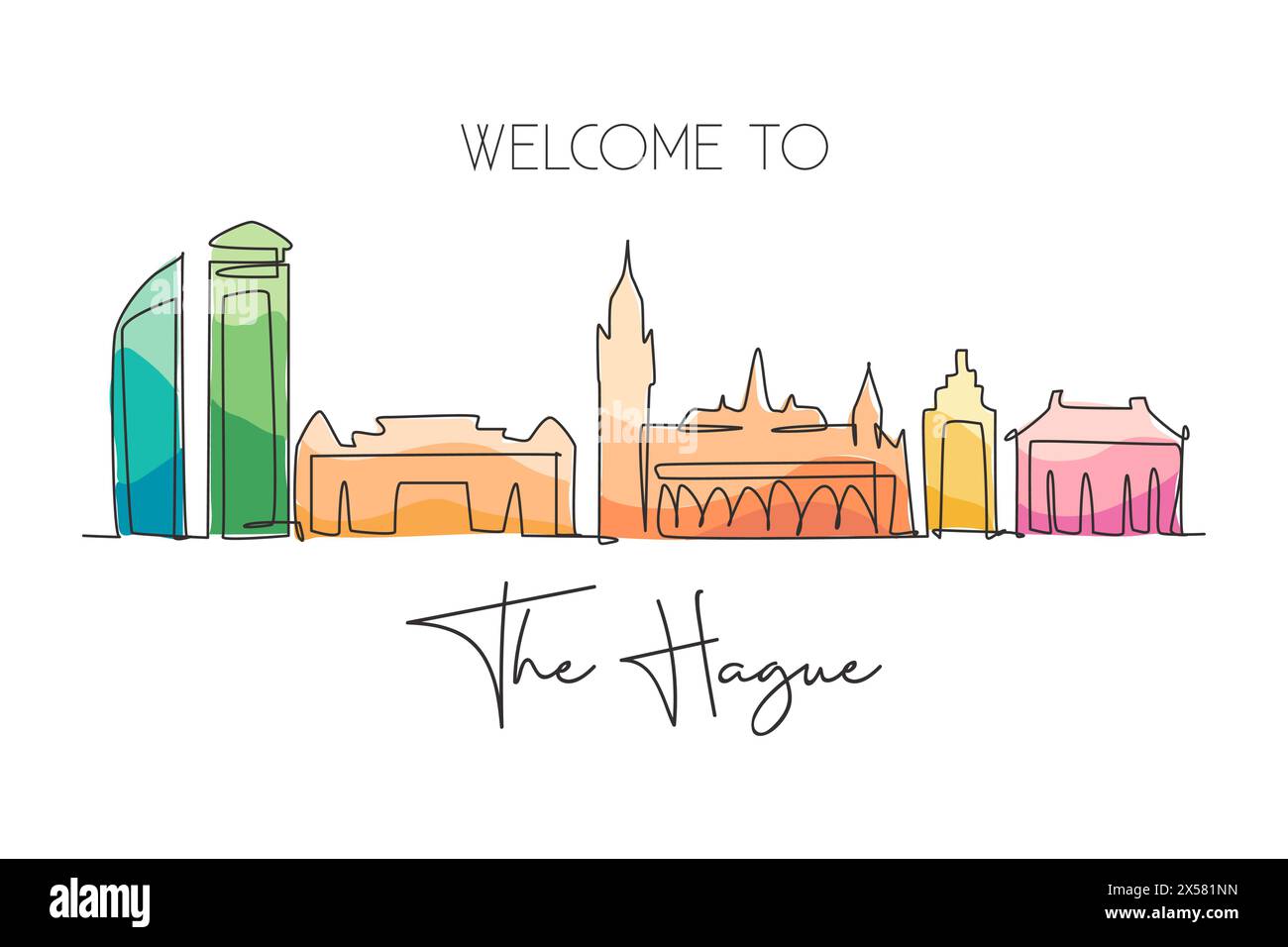 Single continuous line drawing of The Hague city skyline, Netherlands ...