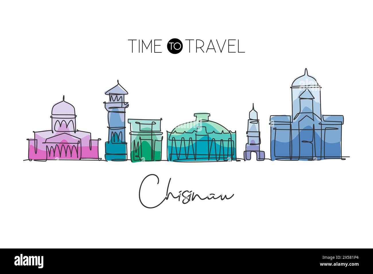 One single line drawing of Chisinau city skyline, Moldova. Historical ...