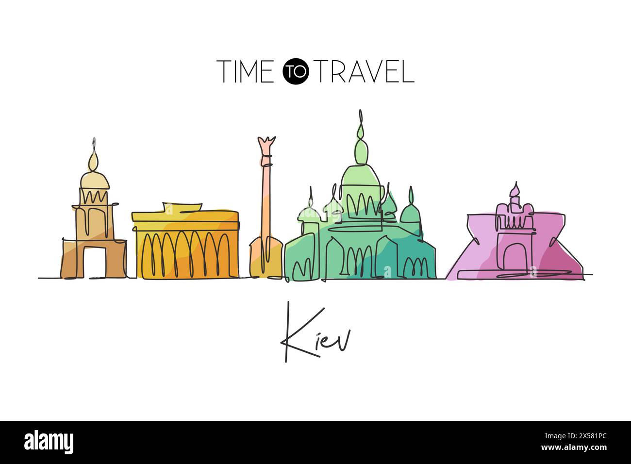 One continuous line drawing of Kiev city skyline, Ukraine. Beautiful ...