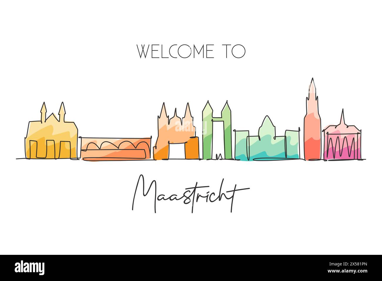 One single line drawing of Maastricht city skyline, Netherlands ...