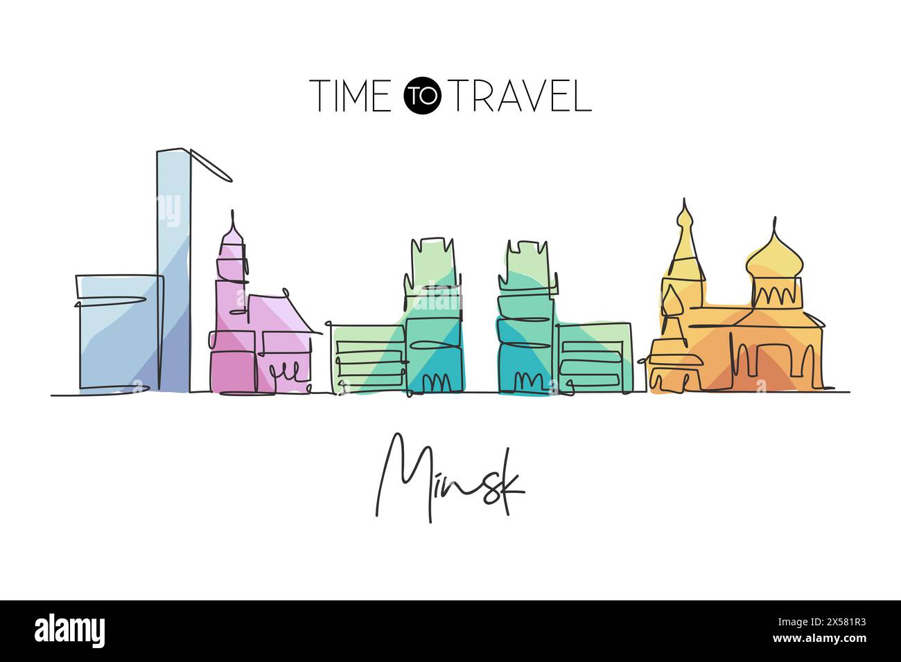 One single line drawing of Minsk city skyline, Belarus. Historical town ...