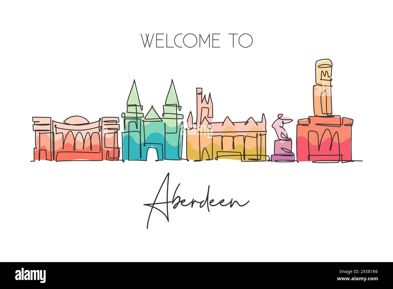 One single line drawing of Aberdeen city skyline, Scotland. Historical ...