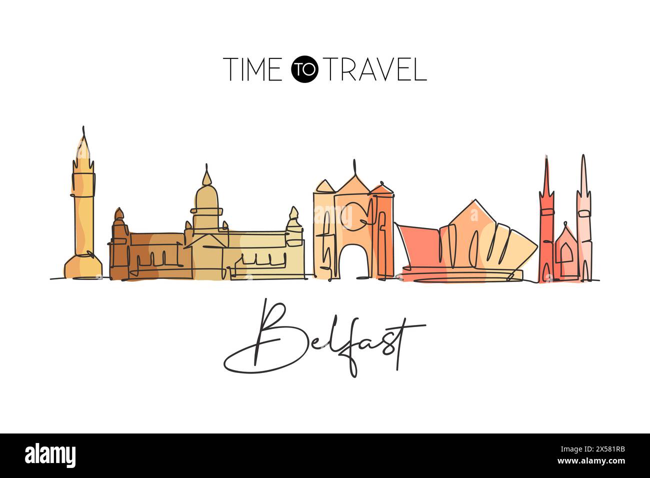 One continuous line drawing of Belfast city skyline, Northern Ireland ...