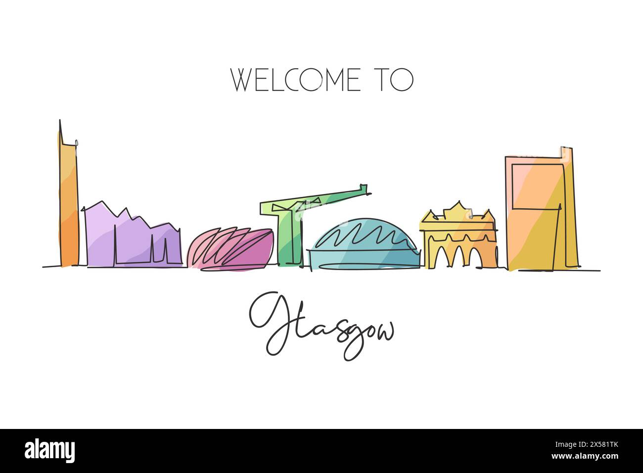 One continuous line drawing of Glasgow city skyline, Scotland ...