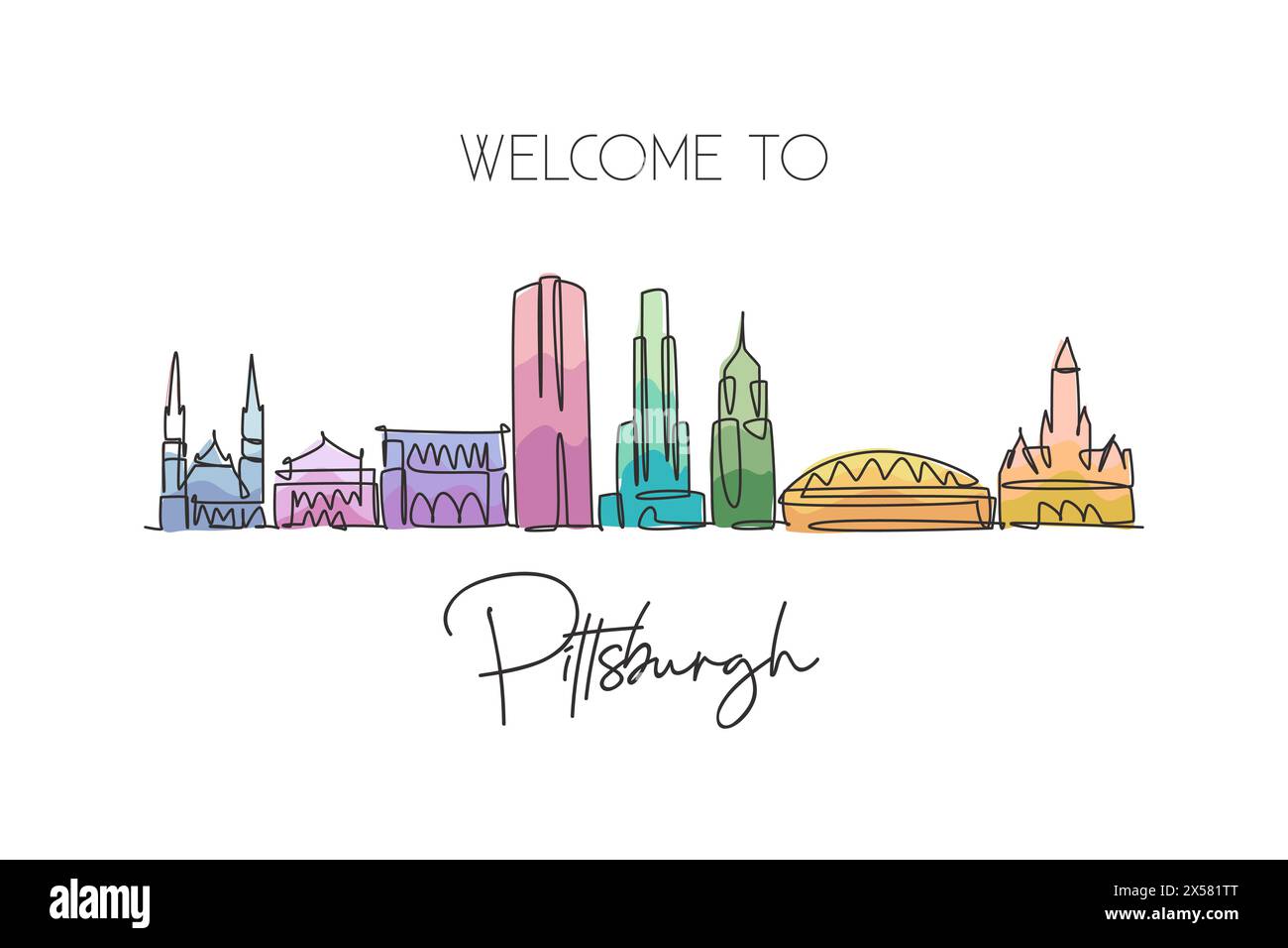 One single line drawing of Pittsburgh city skyline, Pennsylvania ...