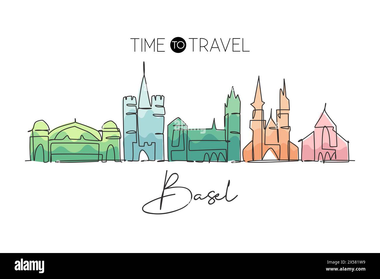 Single continuous line drawing of Basel city skyline Switzerland ...