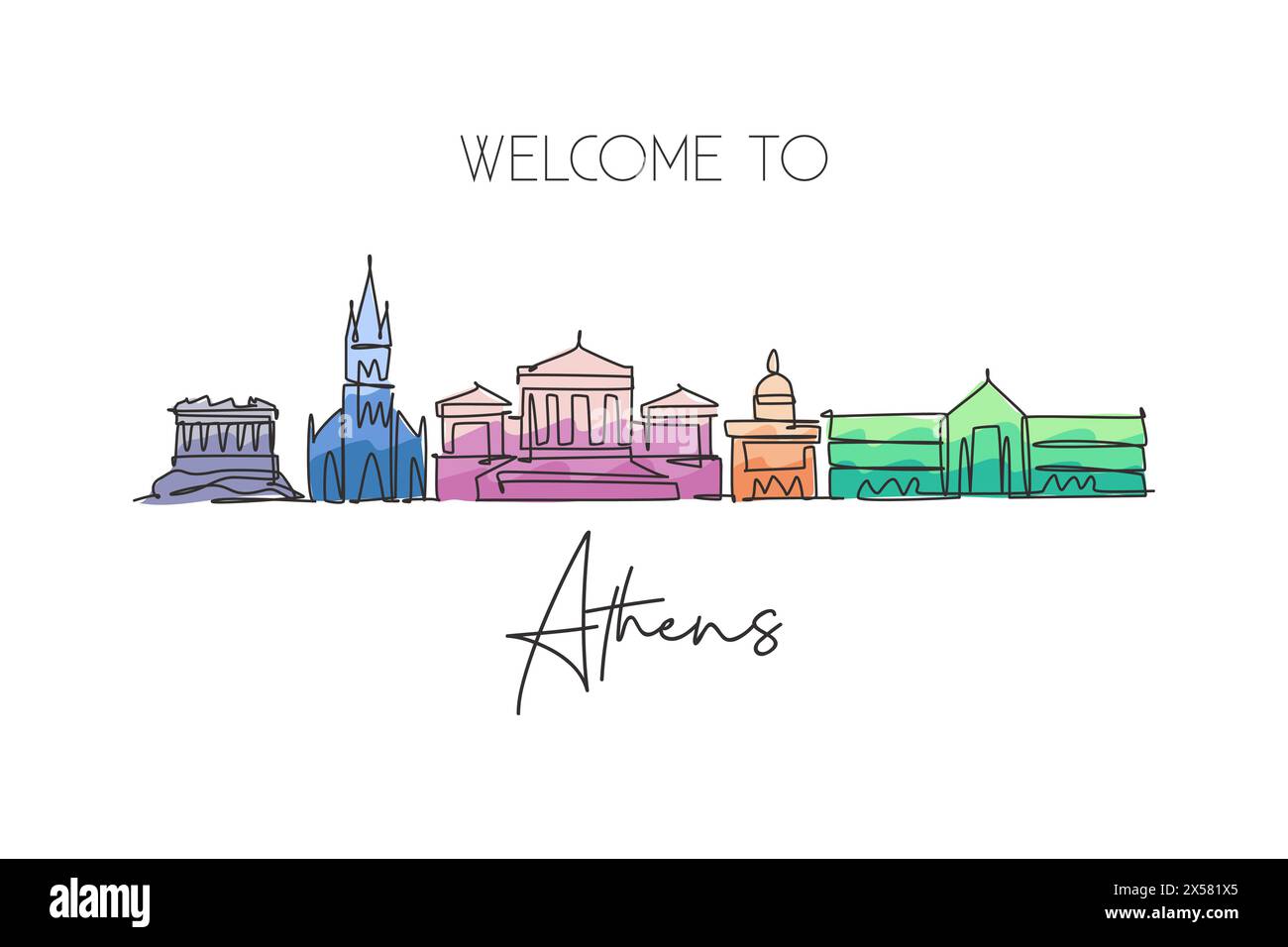 Single continuous line drawing of Athens city skyline, Greece. Famous ...