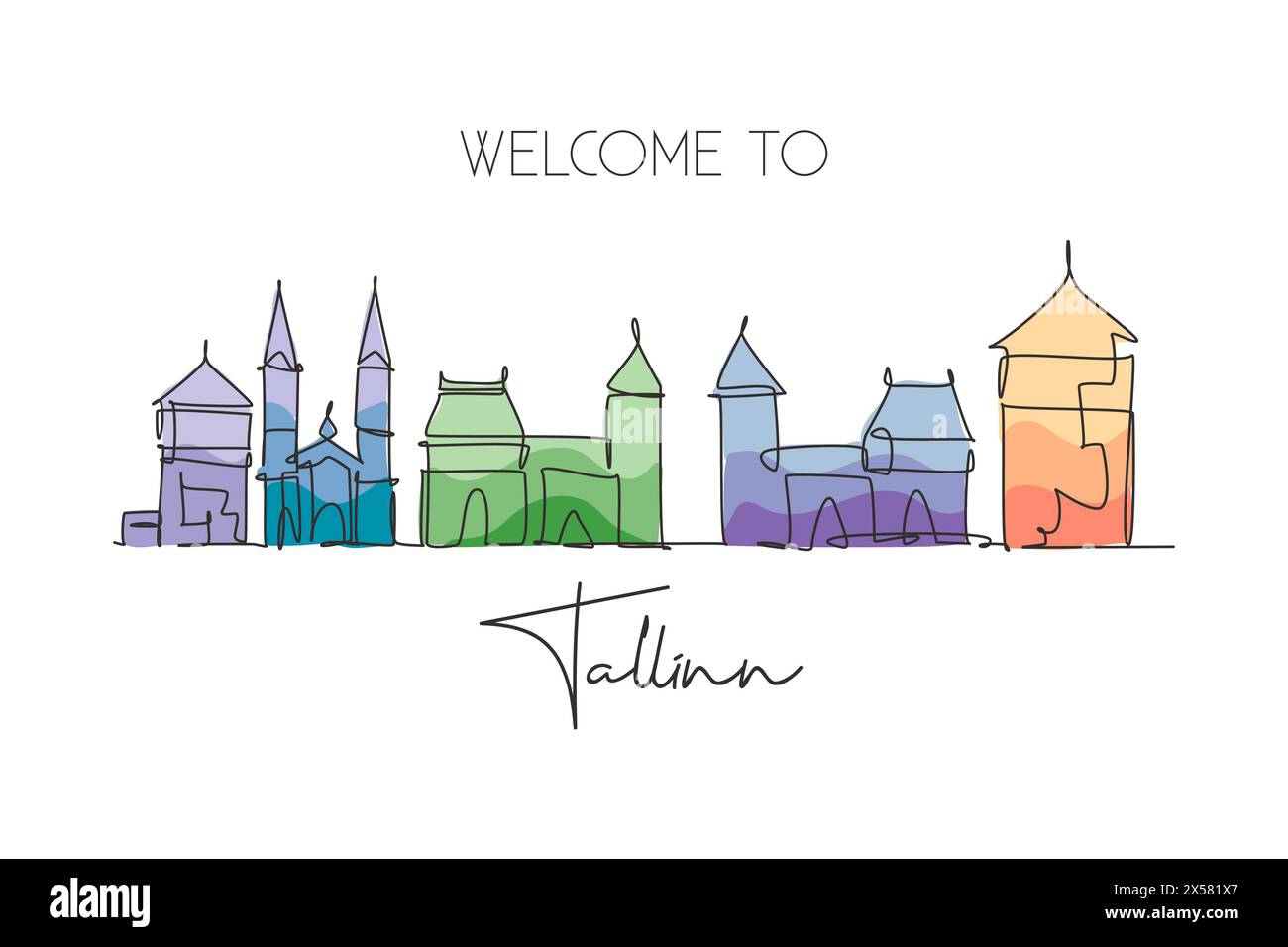 One single line drawing of Tallinn city skyline, Estonia. Historical ...