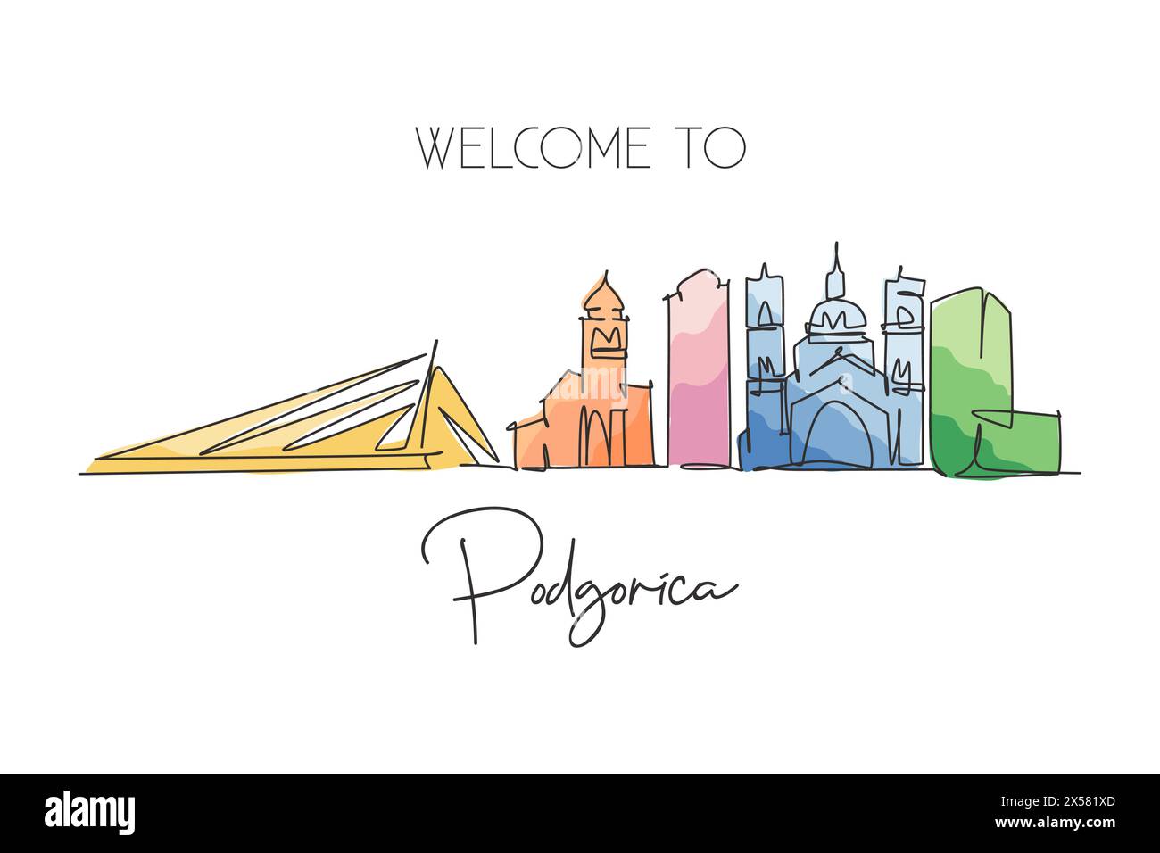 One continuous line drawing of Podgorica city skyline, Montenegro ...