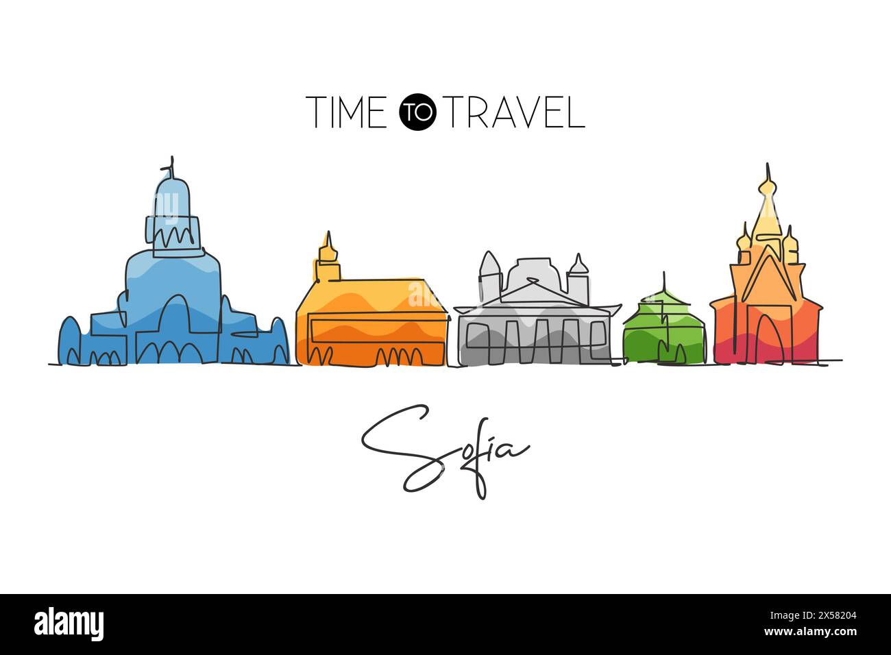 One single line drawing of Sofia city skyline, Bulgaria. Historical ...