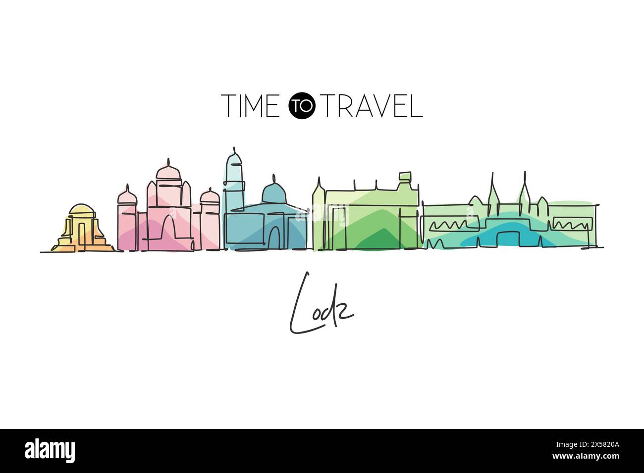 One continuous line drawing of Lodz city skyline, Poland. Beautiful ...