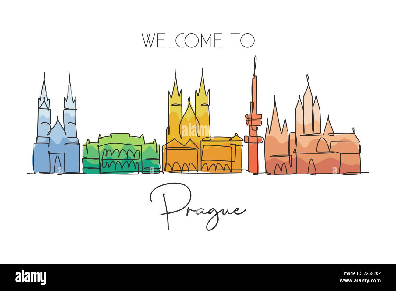 One continuous line drawing of Prague city skyline, Czech Republic ...