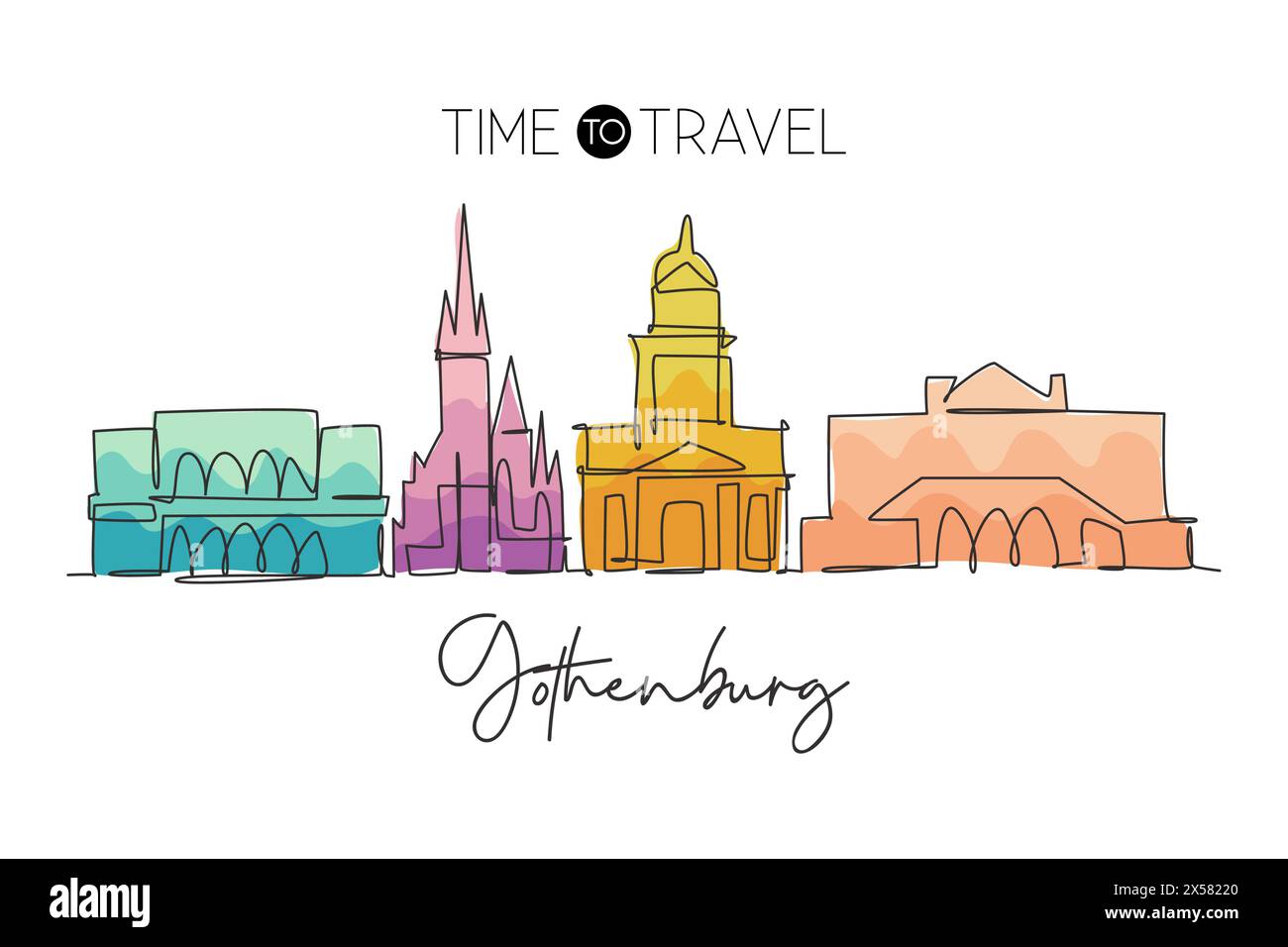 One single line drawing of Gothenburg city skyline, Sweden. Historical ...