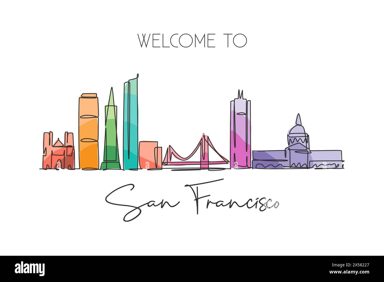 One continuous line drawing San Francisco city skyline, United States ...