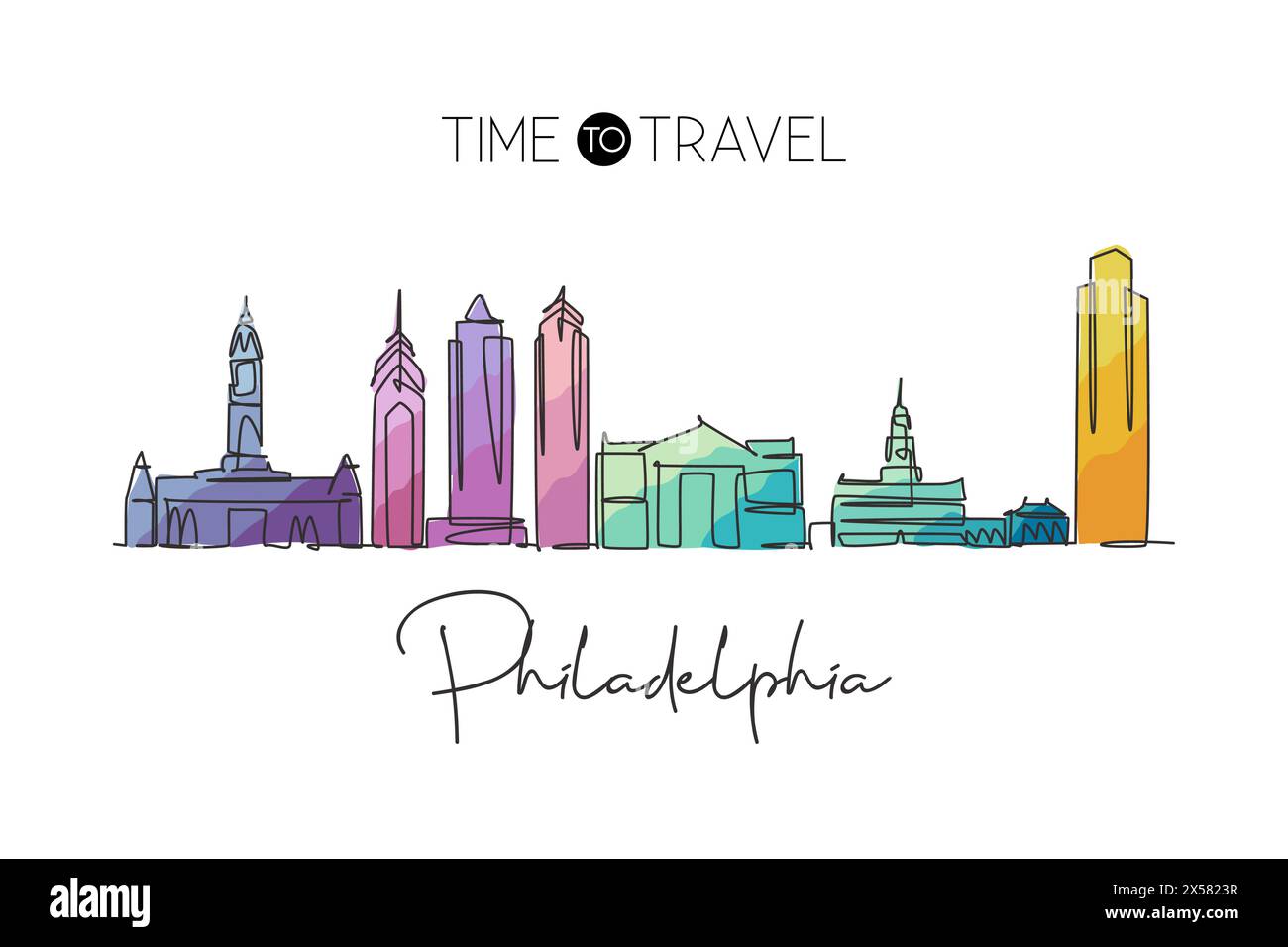 One single line drawing of Philadelphia city skyline, USA. Historical ...