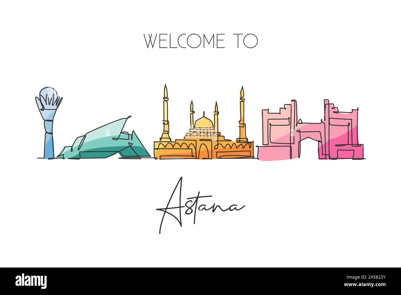 Single continuous line drawing of Nur Sultan, Astana city skyline ...