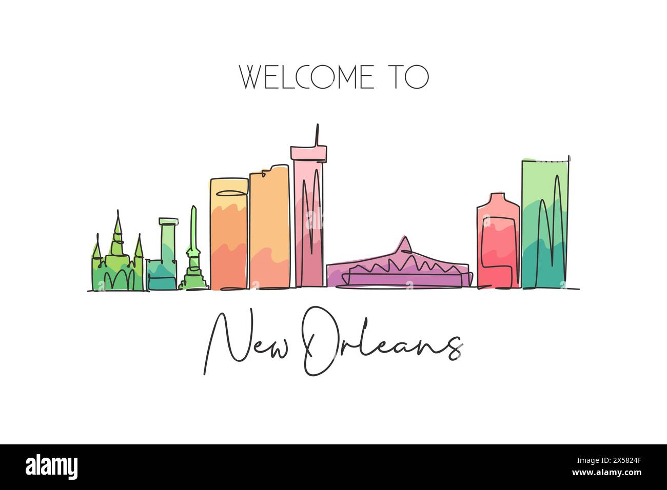 Single continuous line drawing New Orleans city skyline, Louisiana, USA ...
