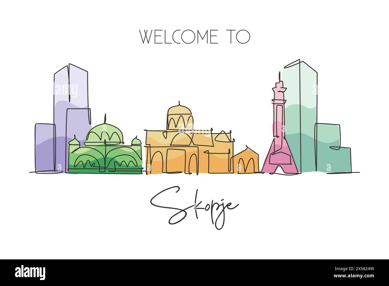 Single continuous line drawing of Skopje city skyline, Macedonia ...