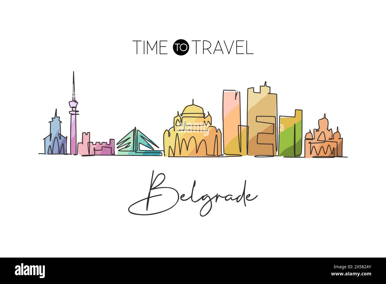 One single line drawing of Belgrade city skyline Serbia. Historical ...