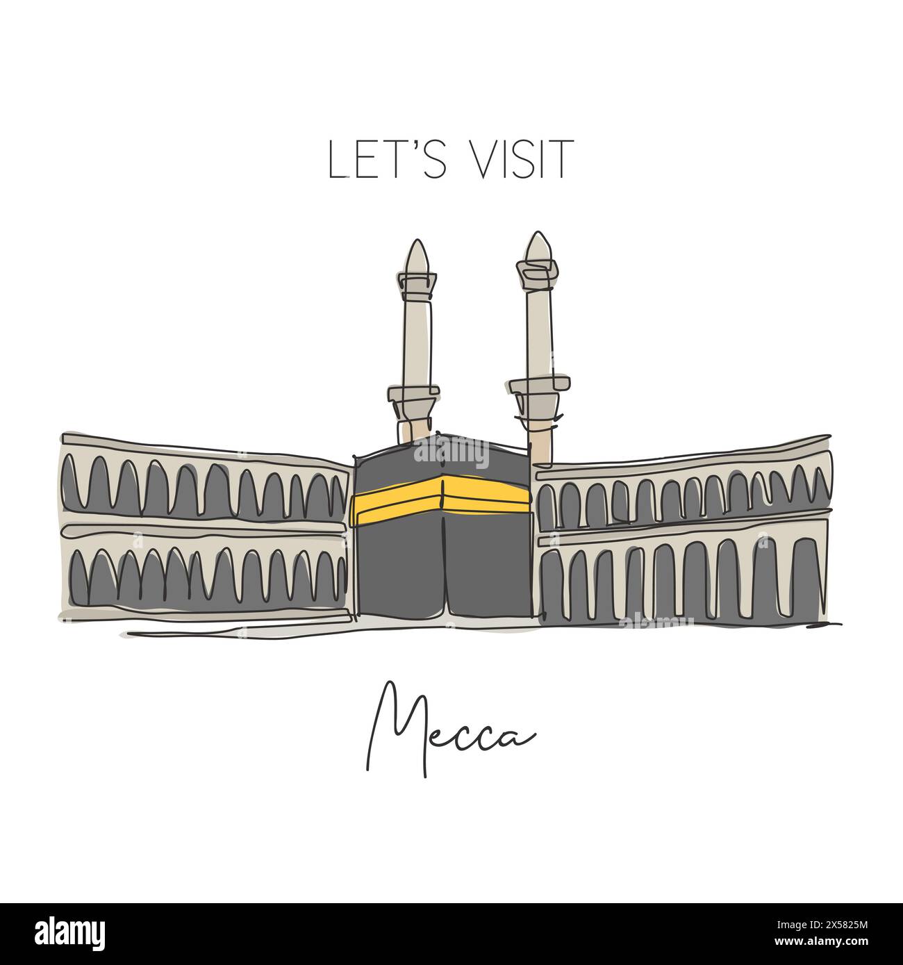 Single continuous line drawing Masjidil Haram landmark. Most holy place ...