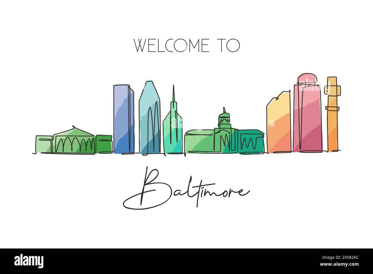 One continuous line drawing of Baltimore city skyline, USA. Beautiful ...