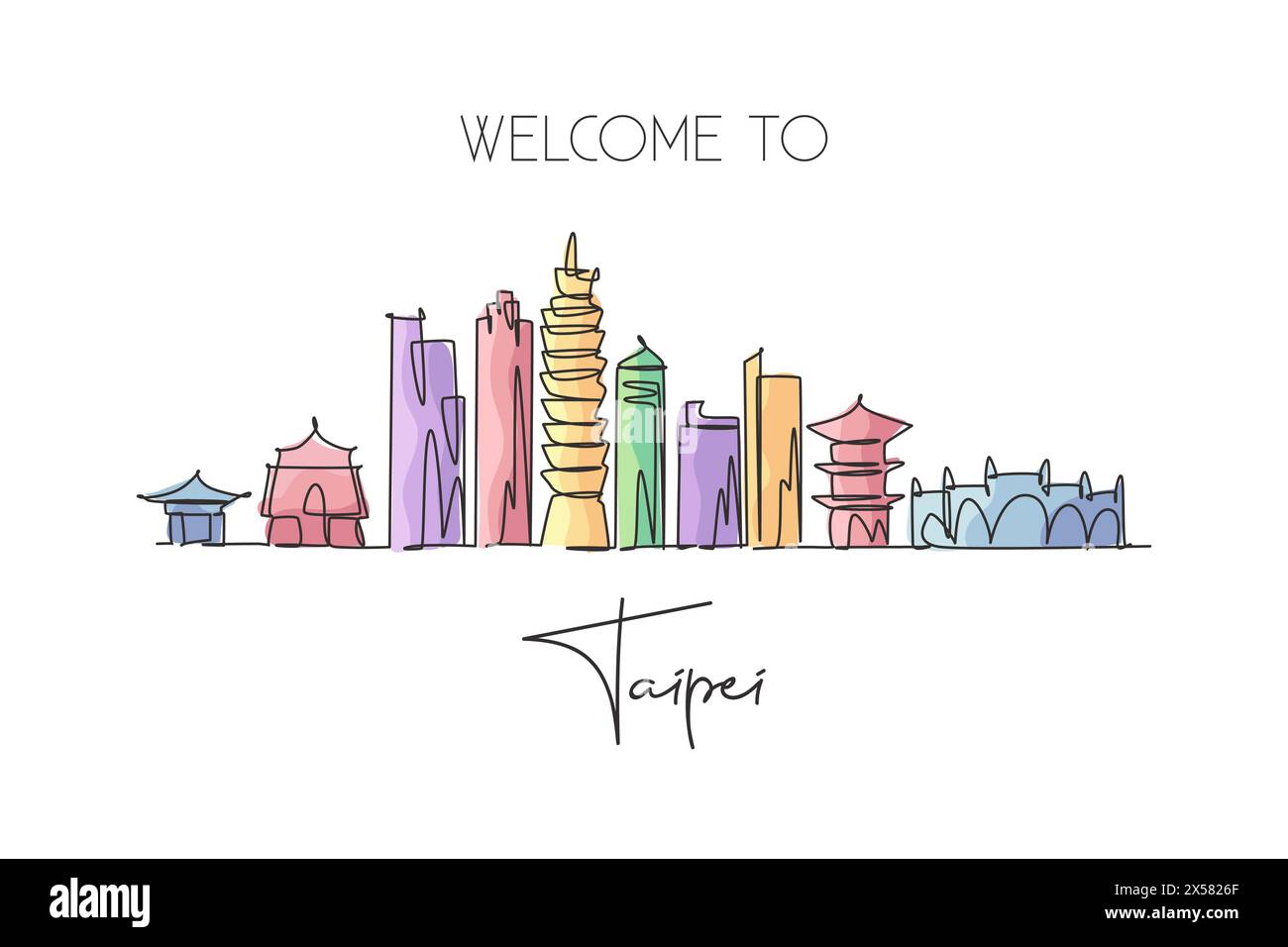 One continuous line drawing of Taipei city skyline, Taiwan. Beautiful ...