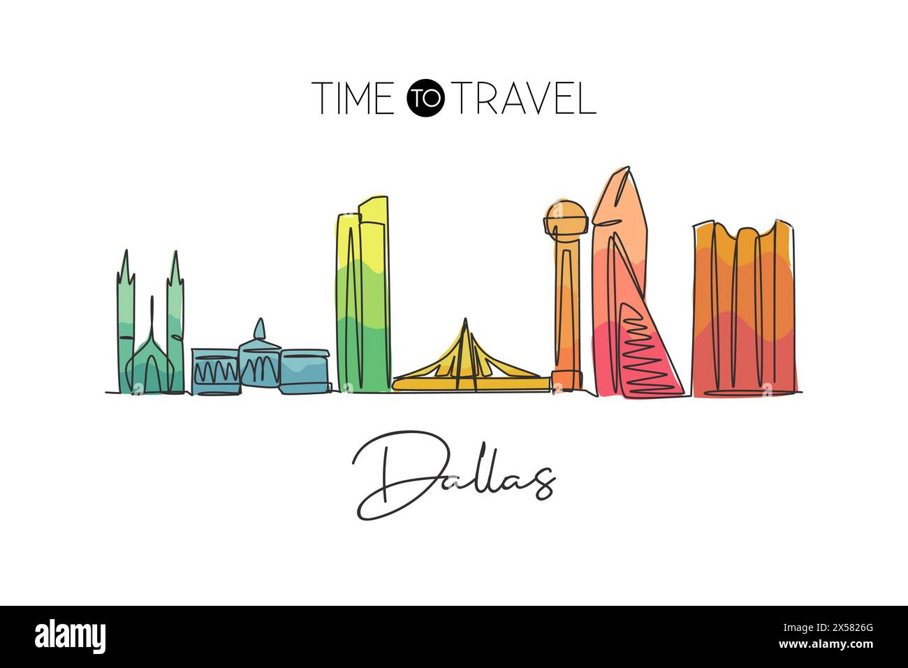 Single continuous line drawing of Dallas city skyline, USA. Famous city ...