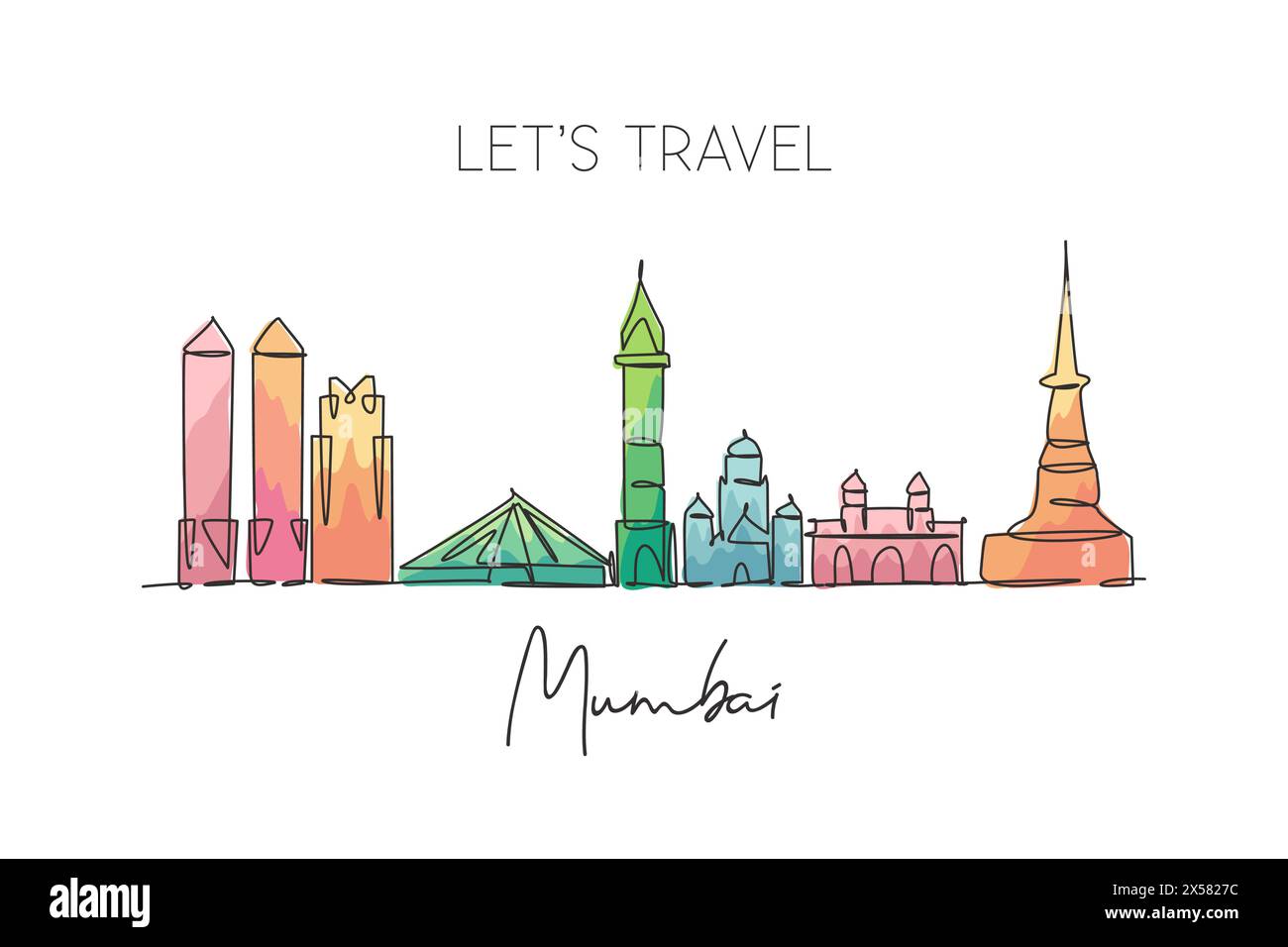 Single continuous line drawing of Mumbai city skyline, India. Famous ...