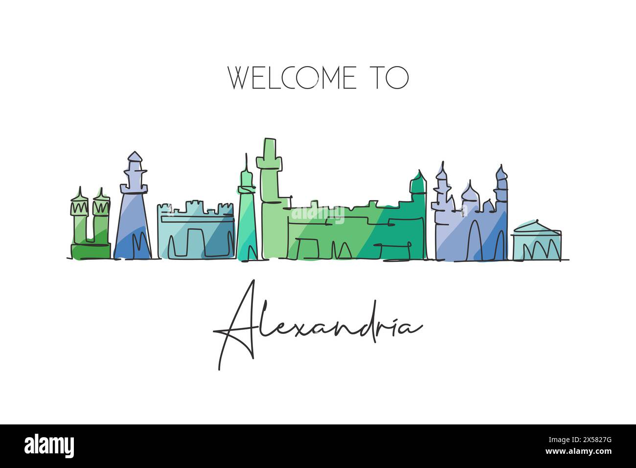 One continuous line drawing of Alexandria city skyline, Egypt ...