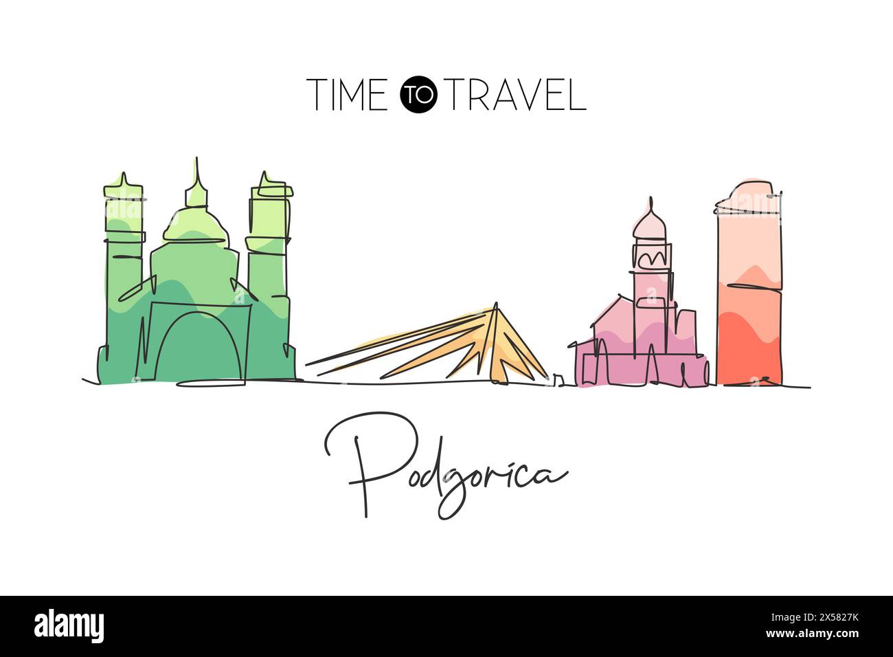 One single line drawing of Podgorica city skyline, Montenegro ...