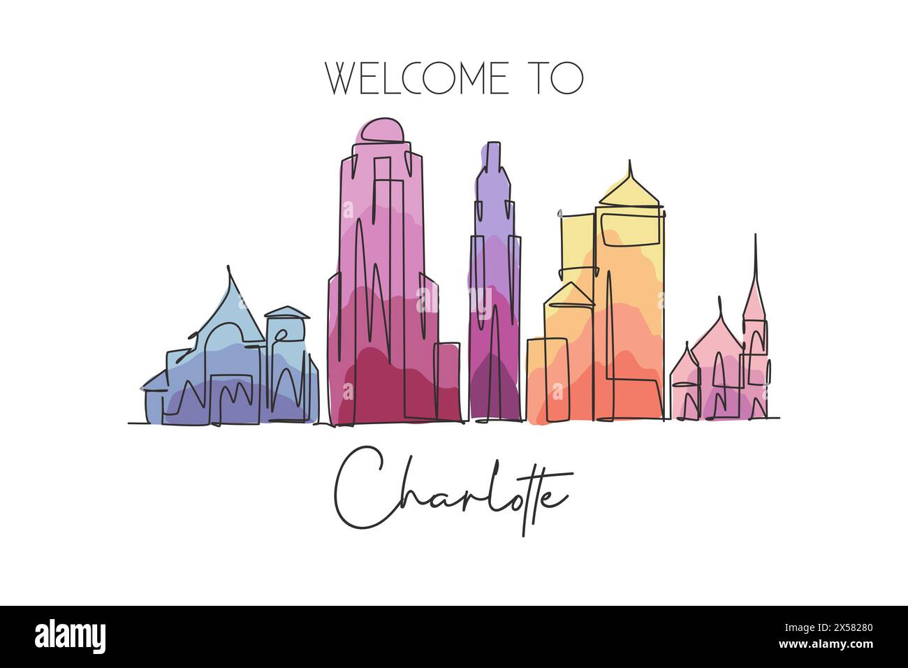 One continuous line drawing Charlotte city skyline United State ...