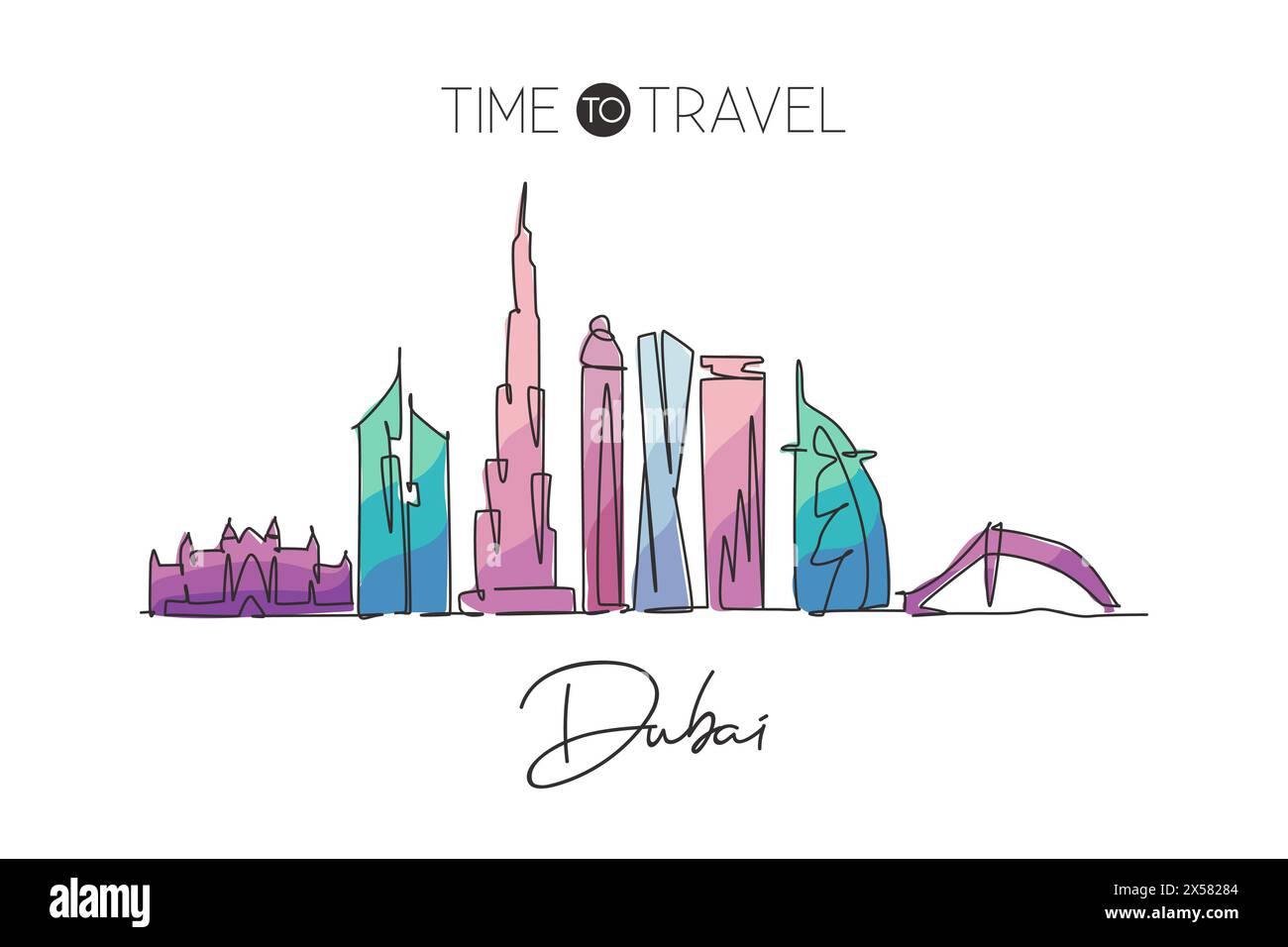Single continuous line drawing of Dubai city skyline, United Arab ...