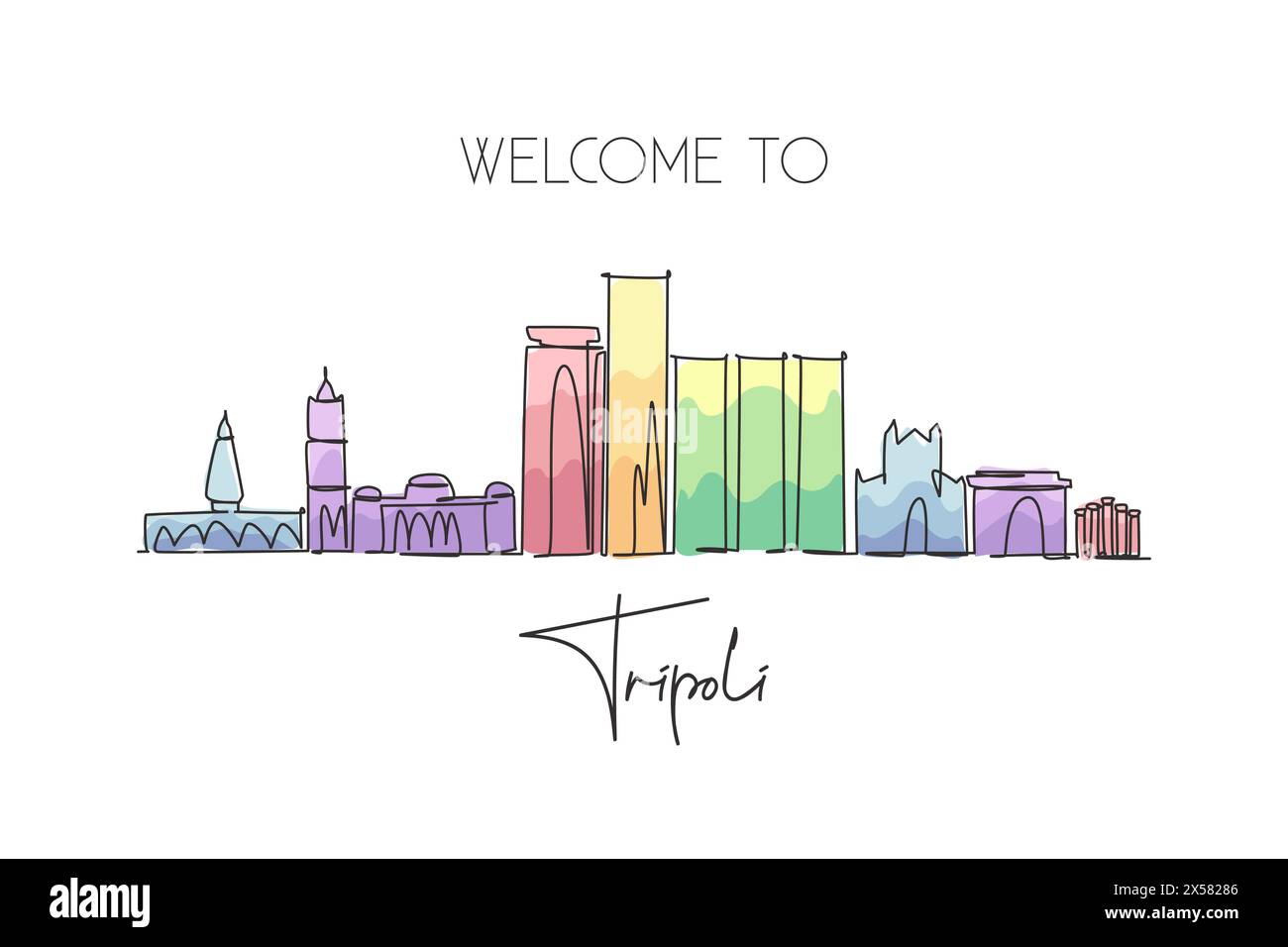 One continuous line drawing of Tripoli city skyline, Libya. Beautiful ...