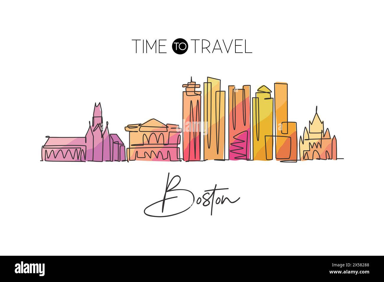 One continuous line drawing of Boston city skyline, USA. Beautiful ...