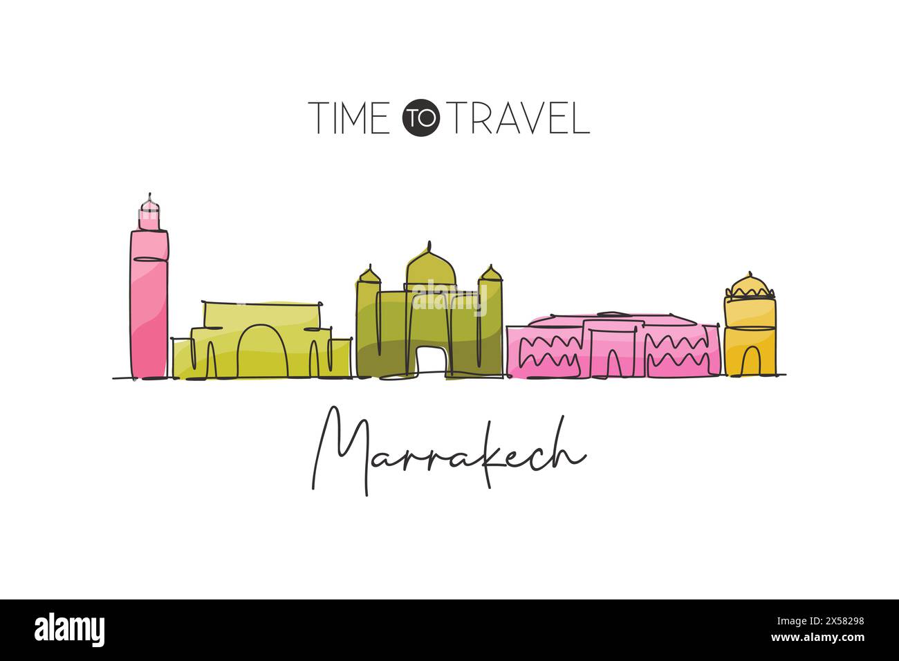 One single line drawing of Marrakesh city skyline, Morocco. Historical ...